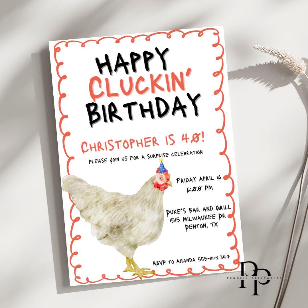 Happy Cluckin' Birthday Chicken Invitation, Adult Birthday Party Invite ...