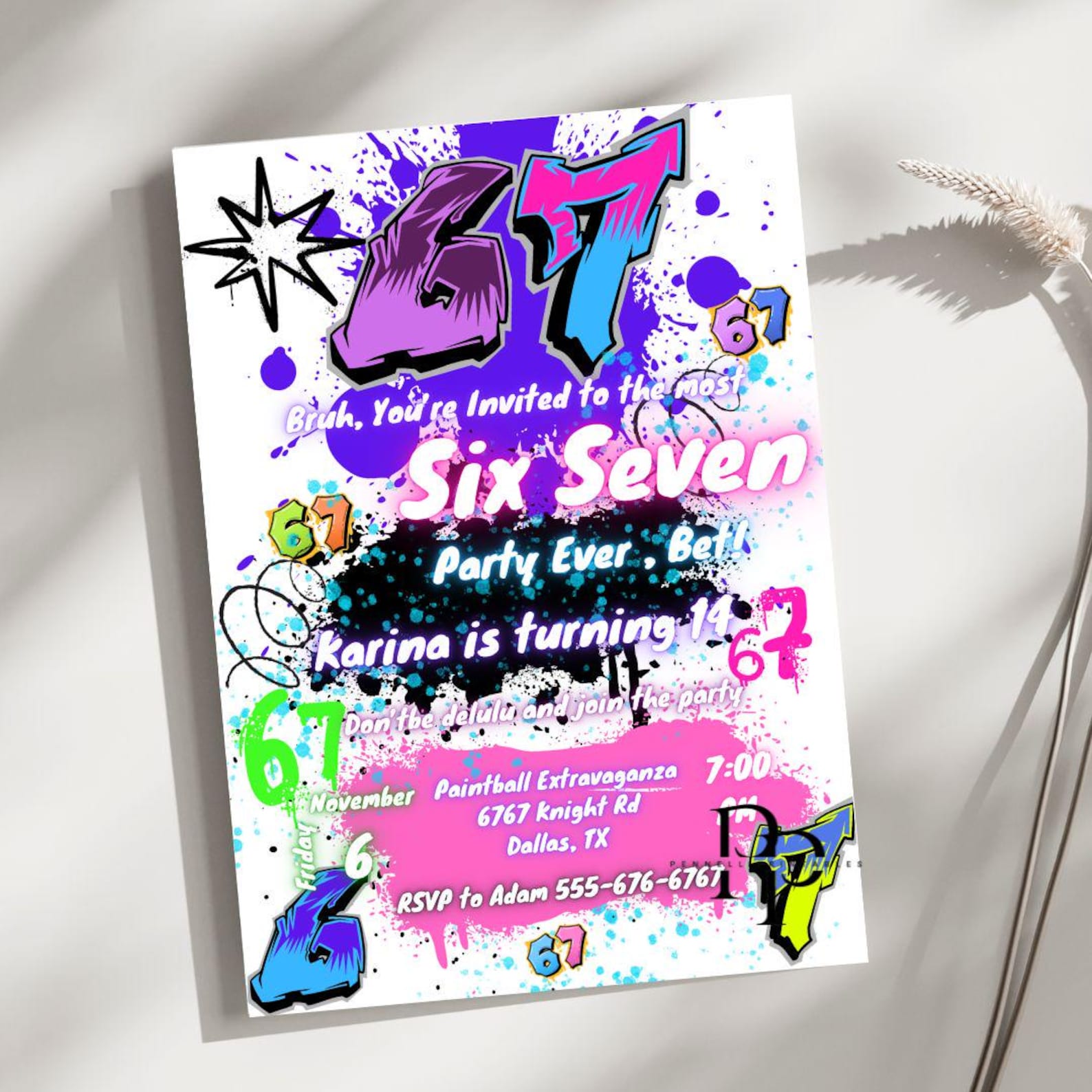 Six Seven Birthday Party Invitation, Cool Girl Teen and Kids Editable ...
