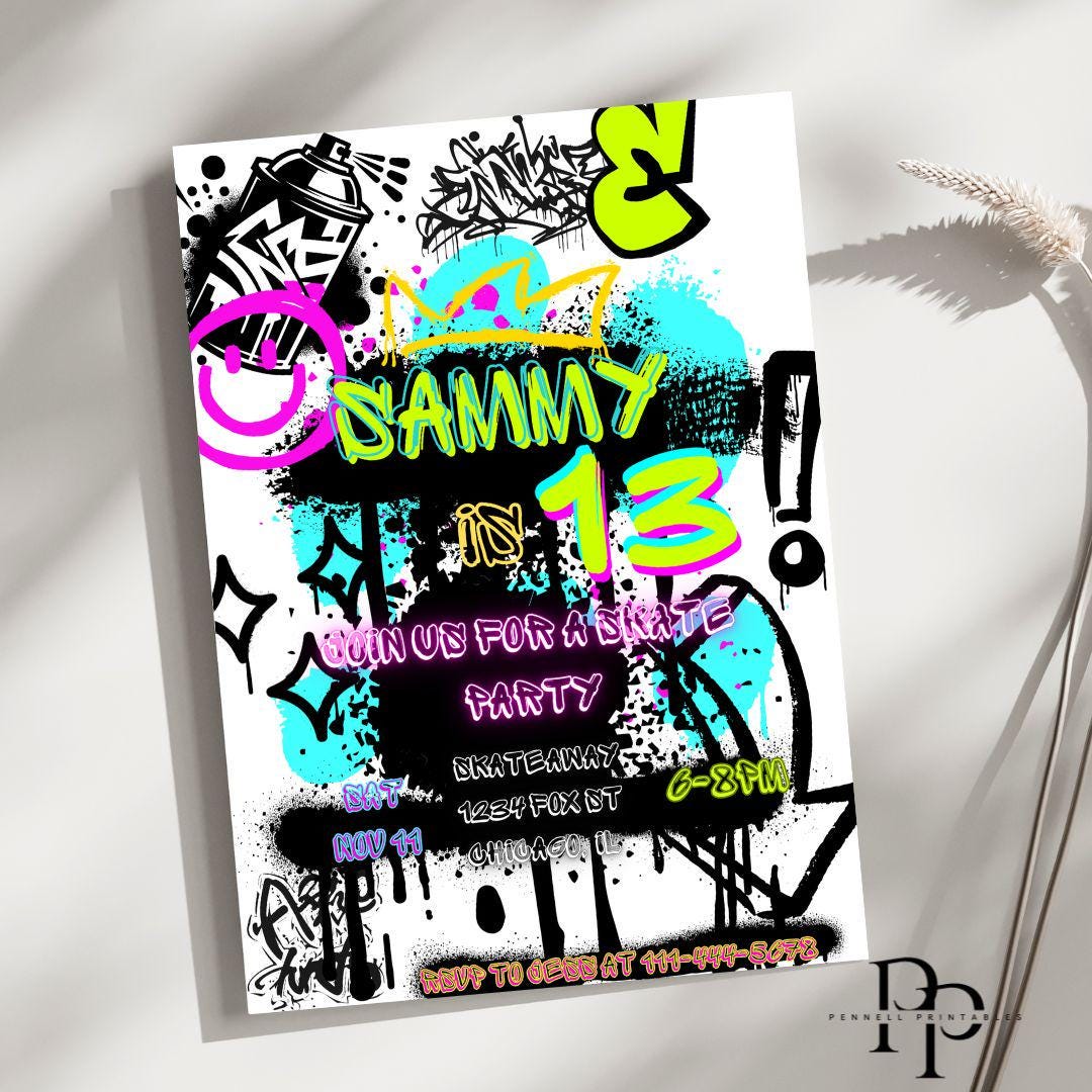 Graffiti Birthday Invitation, Editable Invitation Template, Custom 13th ...