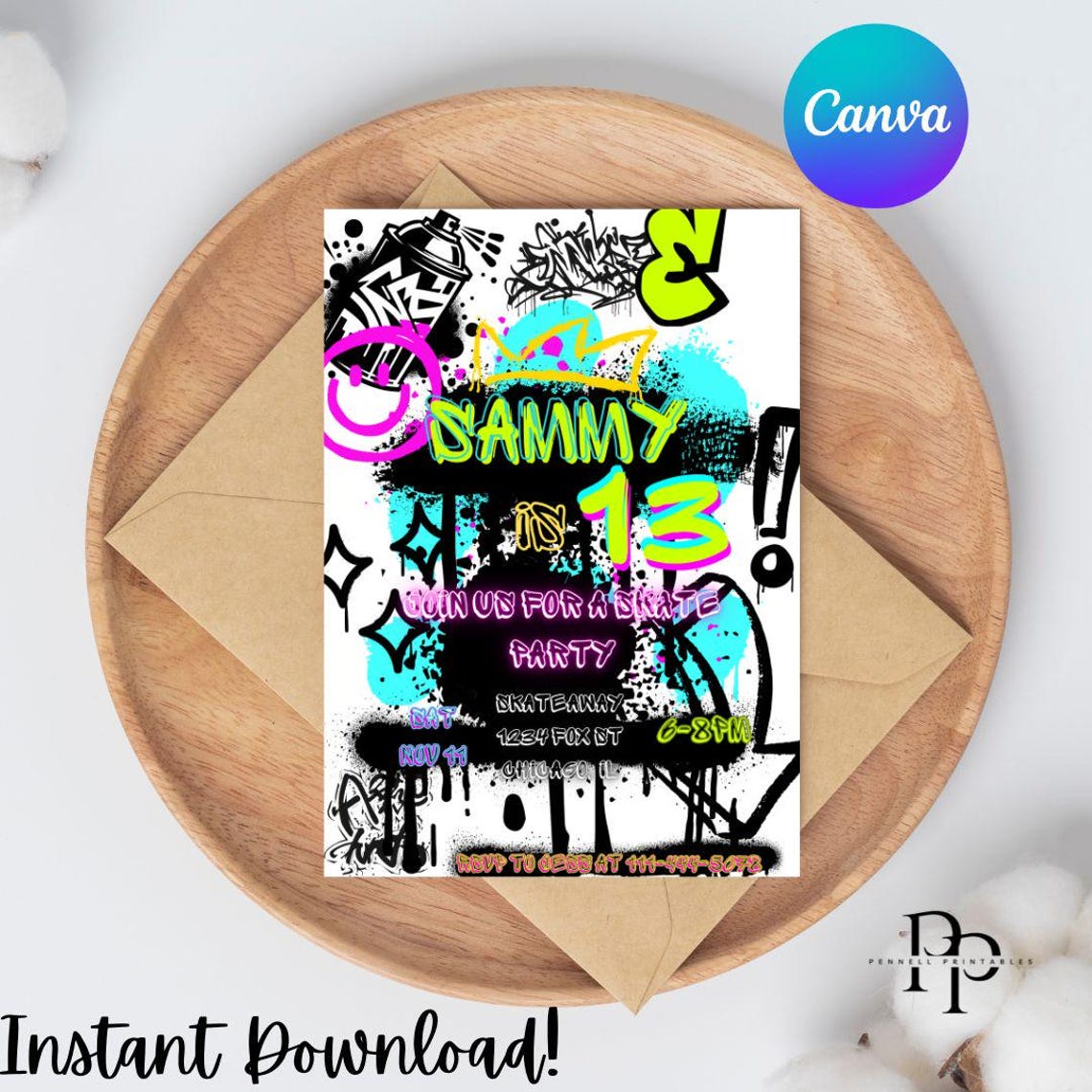 Graffiti Birthday Invitation, Editable Invitation Template, Custom 13th ...