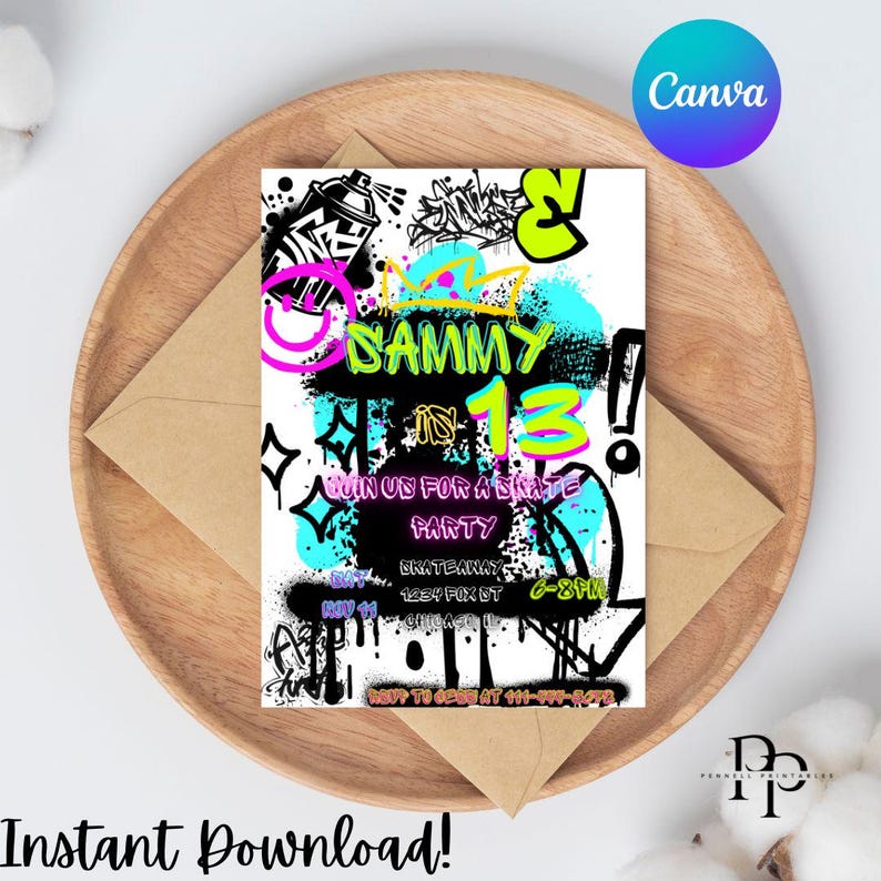 Graffiti Birthday Invitation, Editable Invitation Template, Custom 13th ...