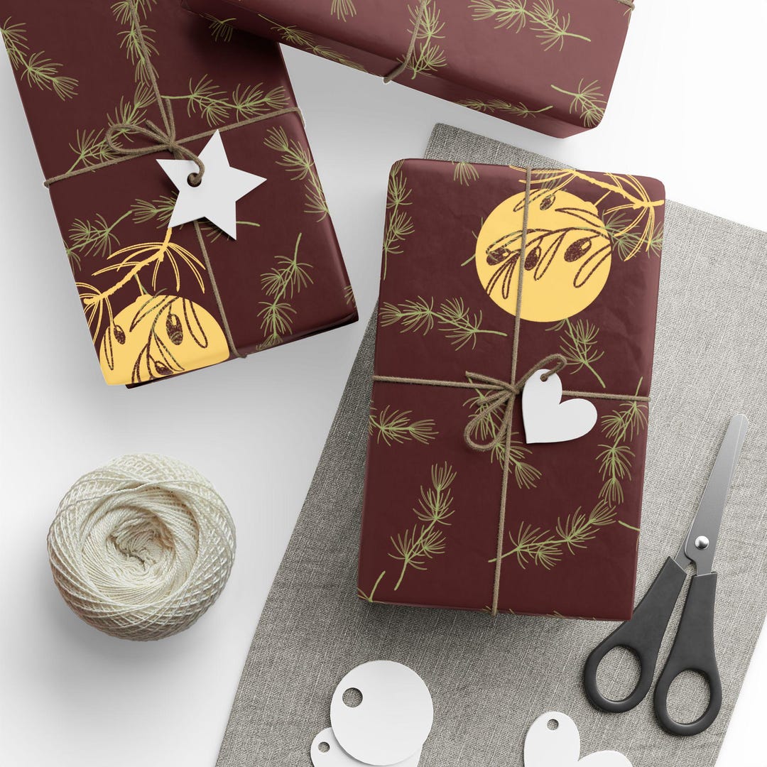 Wine Red Christmas Wrapping Paper: Pine Branch & Ornament Gift Wrap - Etsy