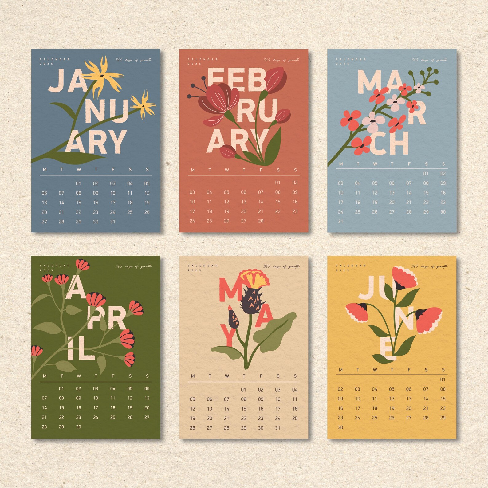 2025 Flower Wall Calendar | Illustrated Floral 12 Month Hanging ...