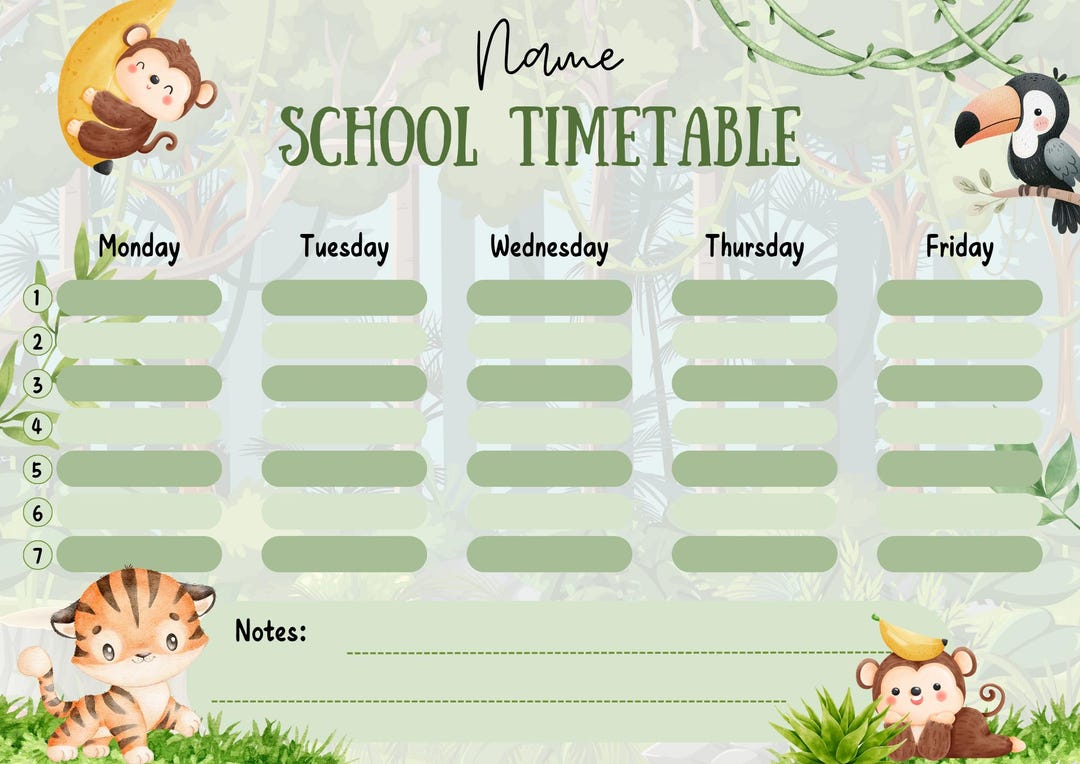 Printable Jungle School Timetable – Kids Class Schedule With Animals ...