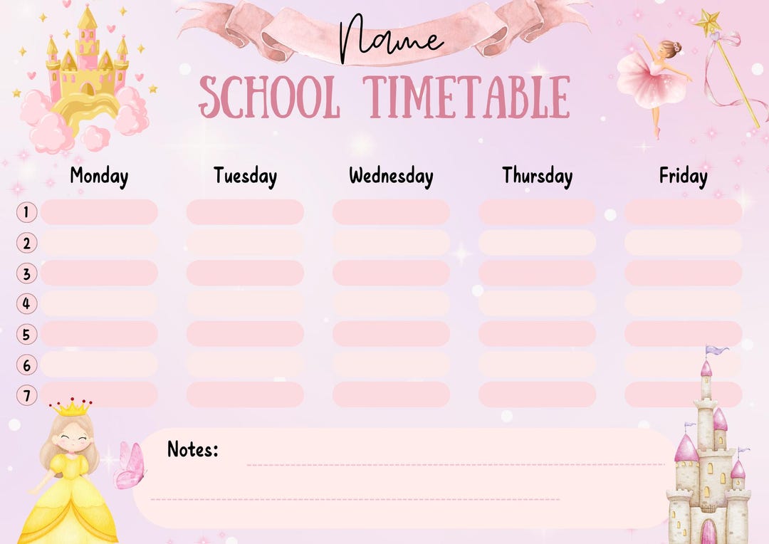 Printable Princess School Timetable for Girls – Cute Pink Class ...