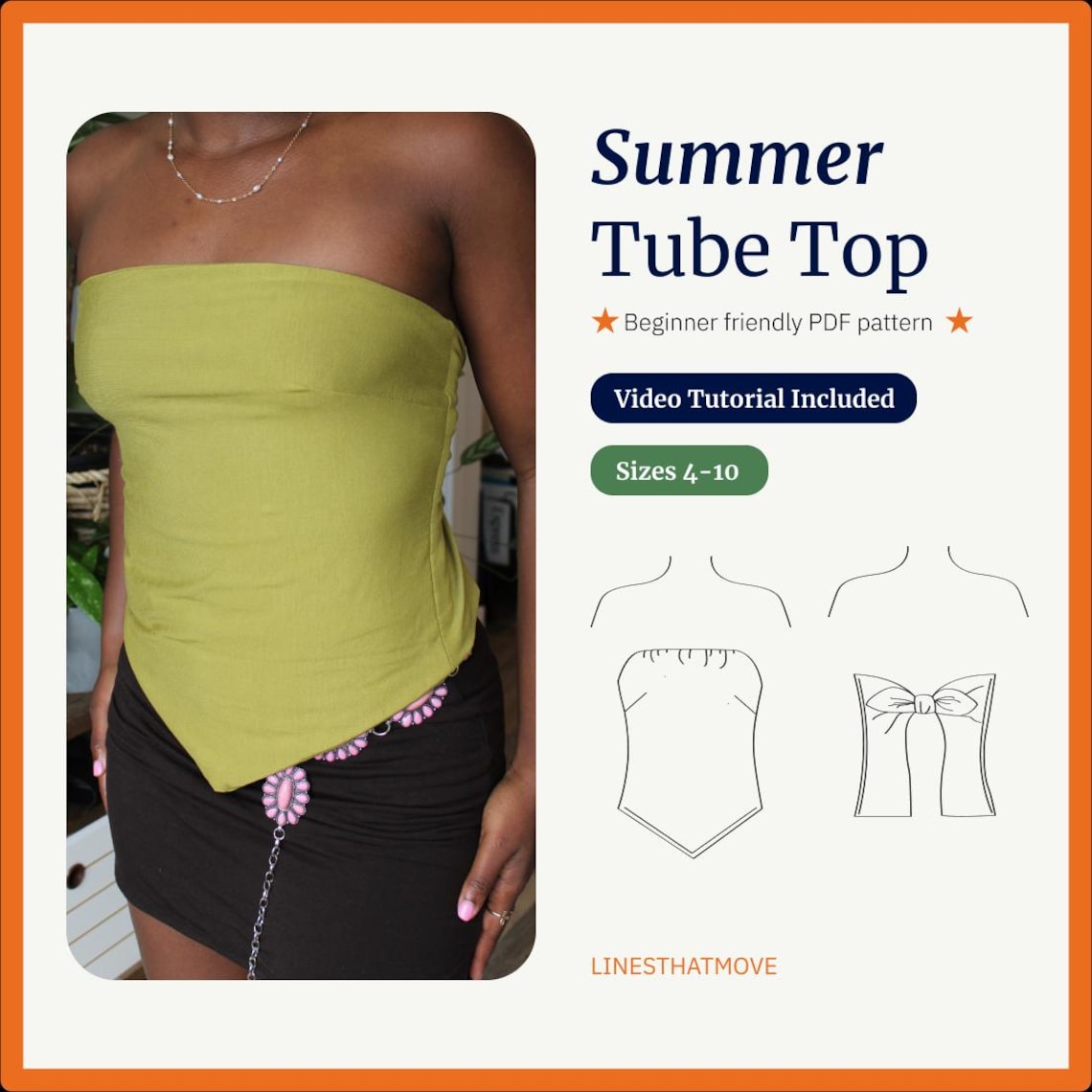 Summer Tie-back Tube Top Sewing Pattern Strapless Bandeau PDF Pattern ...