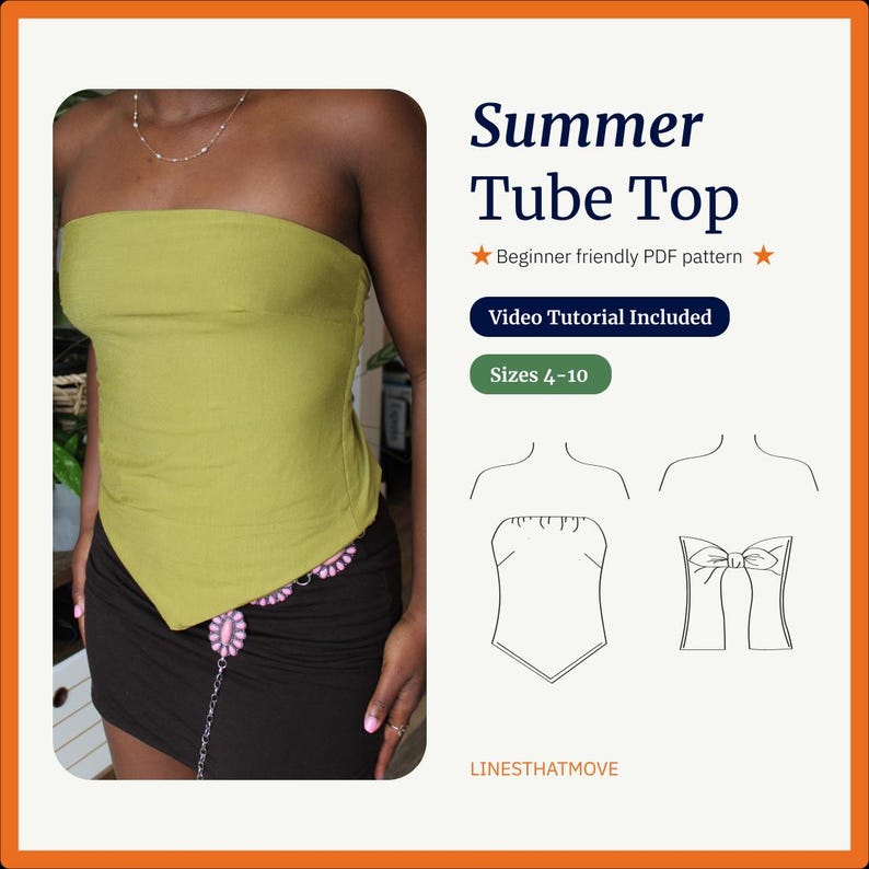 Summer Tie-back Tube Top Sewing Pattern Strapless Bandeau PDF Pattern ...