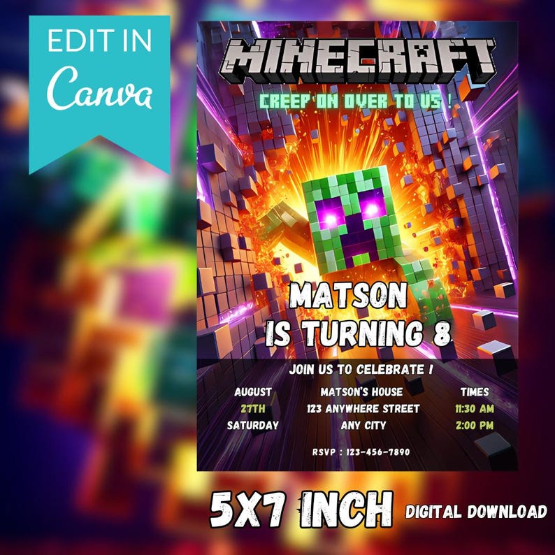 Editable Minecraft Birthday Invitation Minecrafter Party Invite Gamer ...