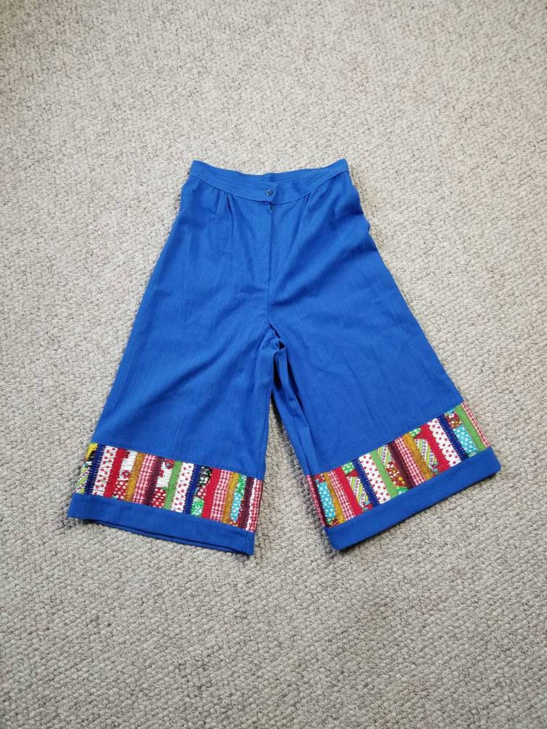 70s Culottes, Royal Blue Hippie Pants Capris Size 13, Patchwork Hem - Etsy