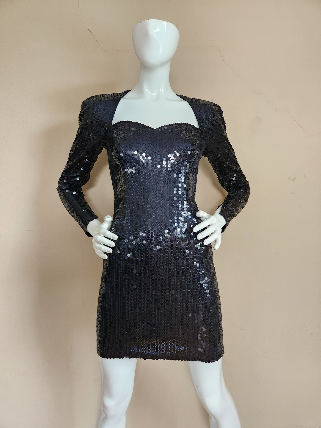 THE Mobwife Dress, Black Sequins 80s Mini Dress, Size 4, Shoulder Pads ...