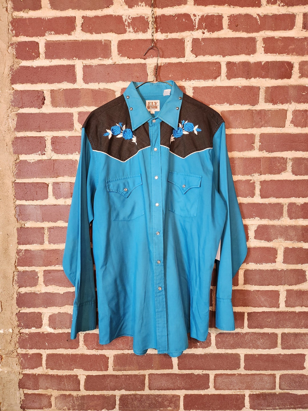 90s Mens Western Style Shirt, Pearl Snaps, 16x34, Large, Aqua and Black ...
