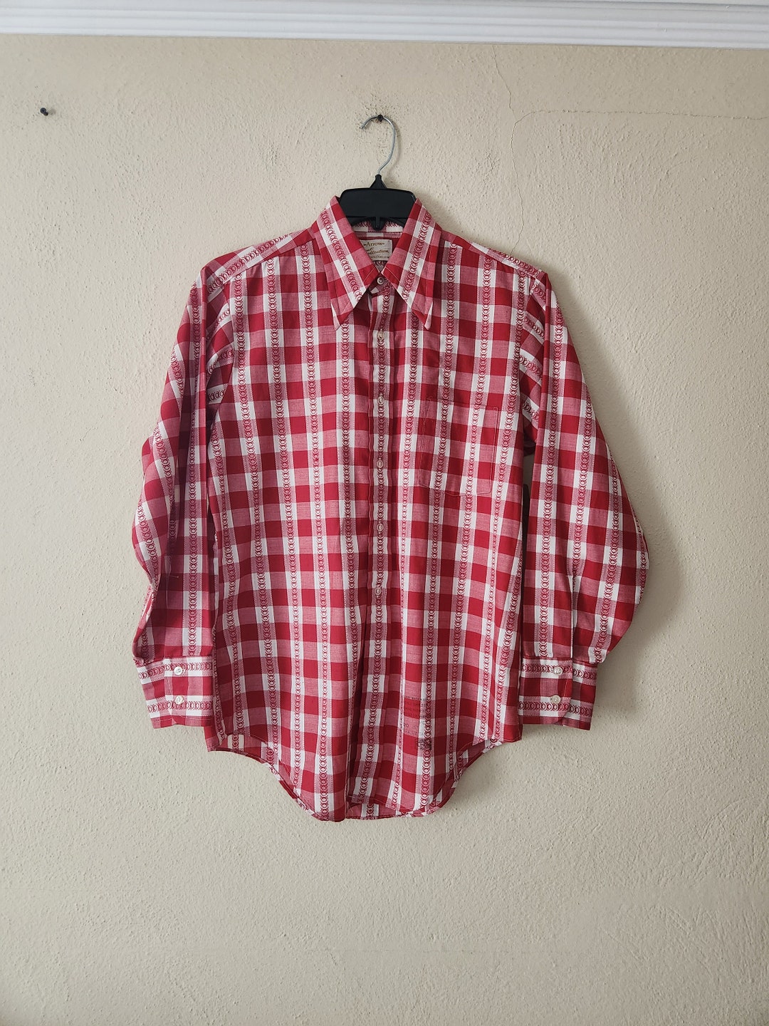 60s Mens Western Style Shirt, 15 1/2 × 33, Dagger Collar, Red White ...