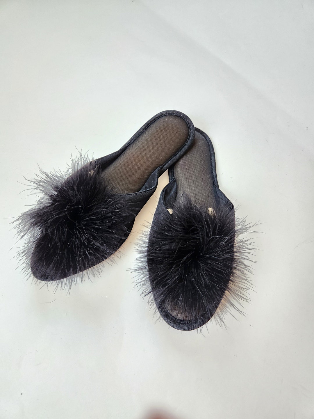 Marabou Slippers, New, Deadstock, 6 1/2-7 1/2, Vintage, Black With ...