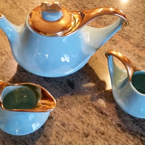 1940s Vintage Aladdin Style Tea Set, 3 Pieces, Turquoise, Aqua and Gold ...