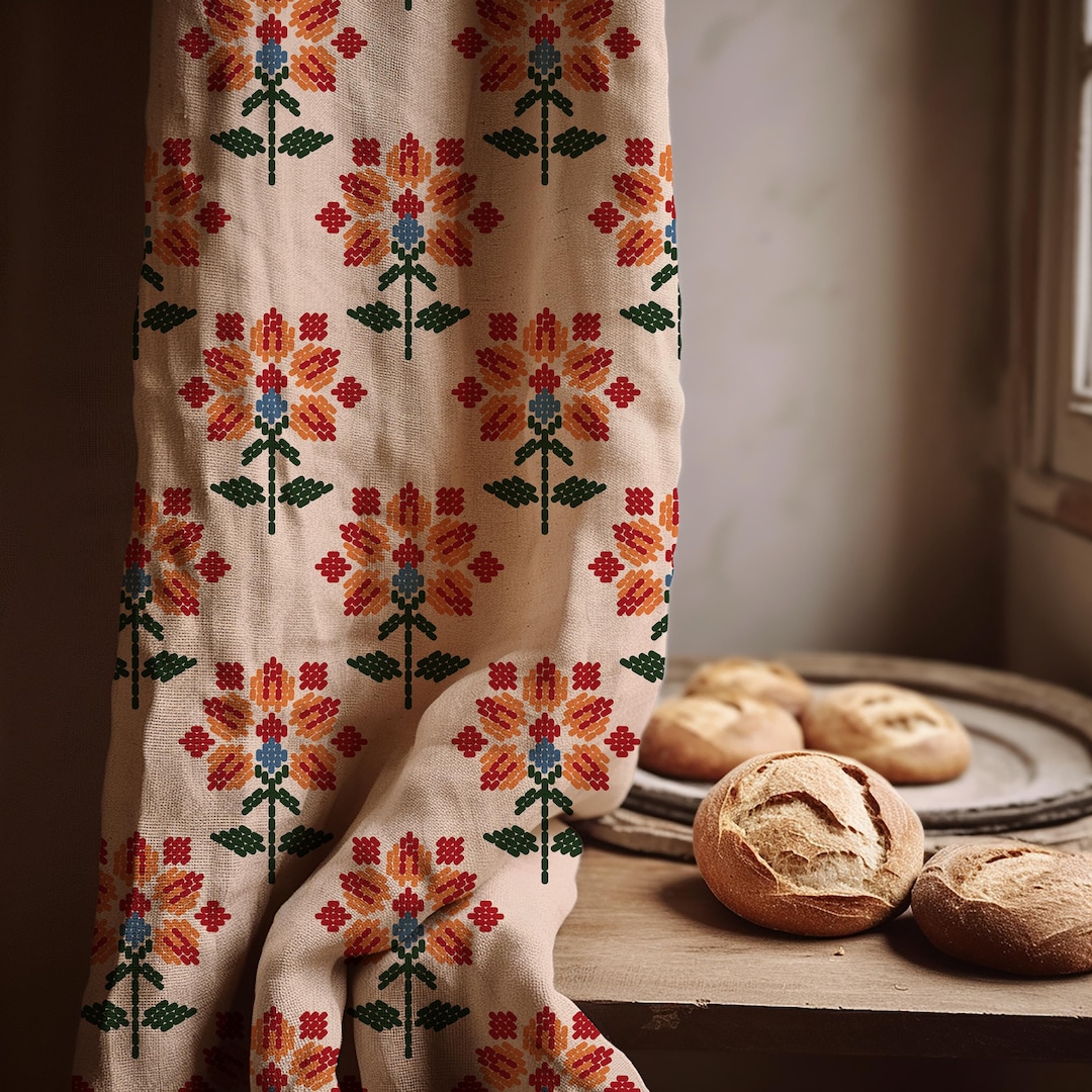 Floral Embroidered Linen Curtain Panel - Rustic Kitchen Window ...