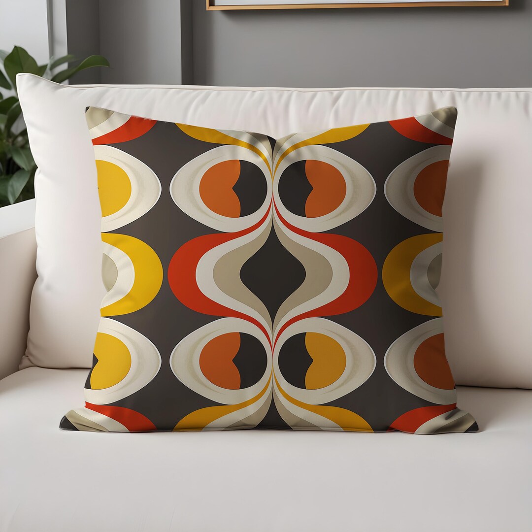 Groovy Retro Pillow Cover – Bold 70s Mod Pattern With Orange Mustard ...