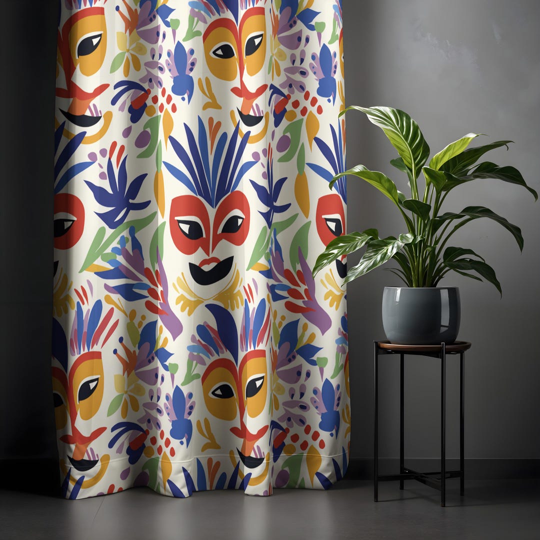 Tribal Mask Curtain – Bold & Colorful Ethnic Art Drapery for Boho ...