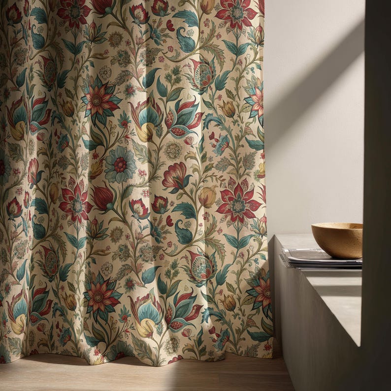 Vintage Floral Linen Curtain: William Morris Inspired Pattern, Classic ...