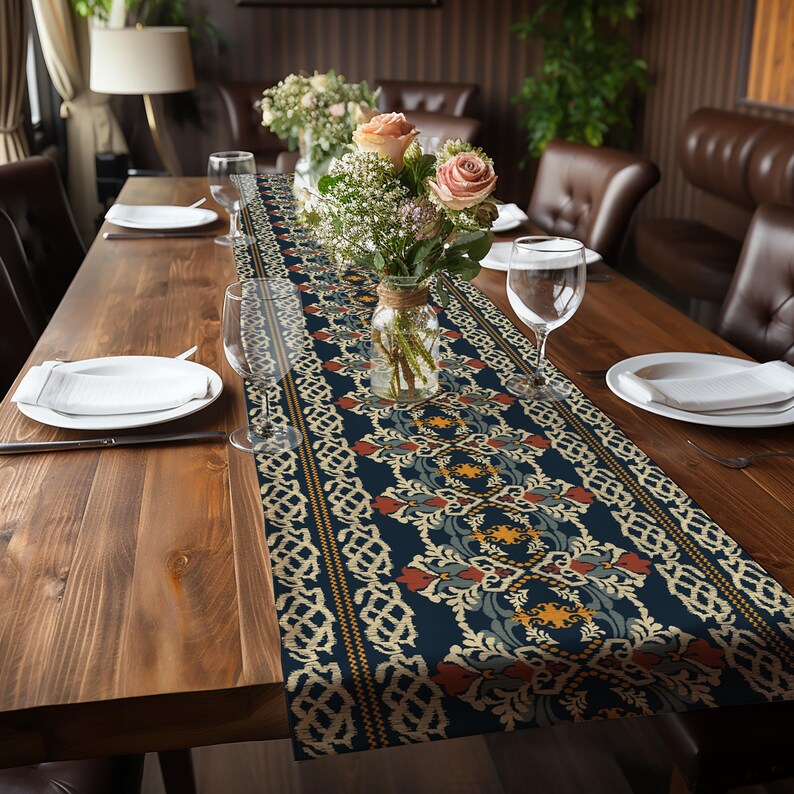 Floral Vintage-inspired Table Runner – Black Background With Bold ...