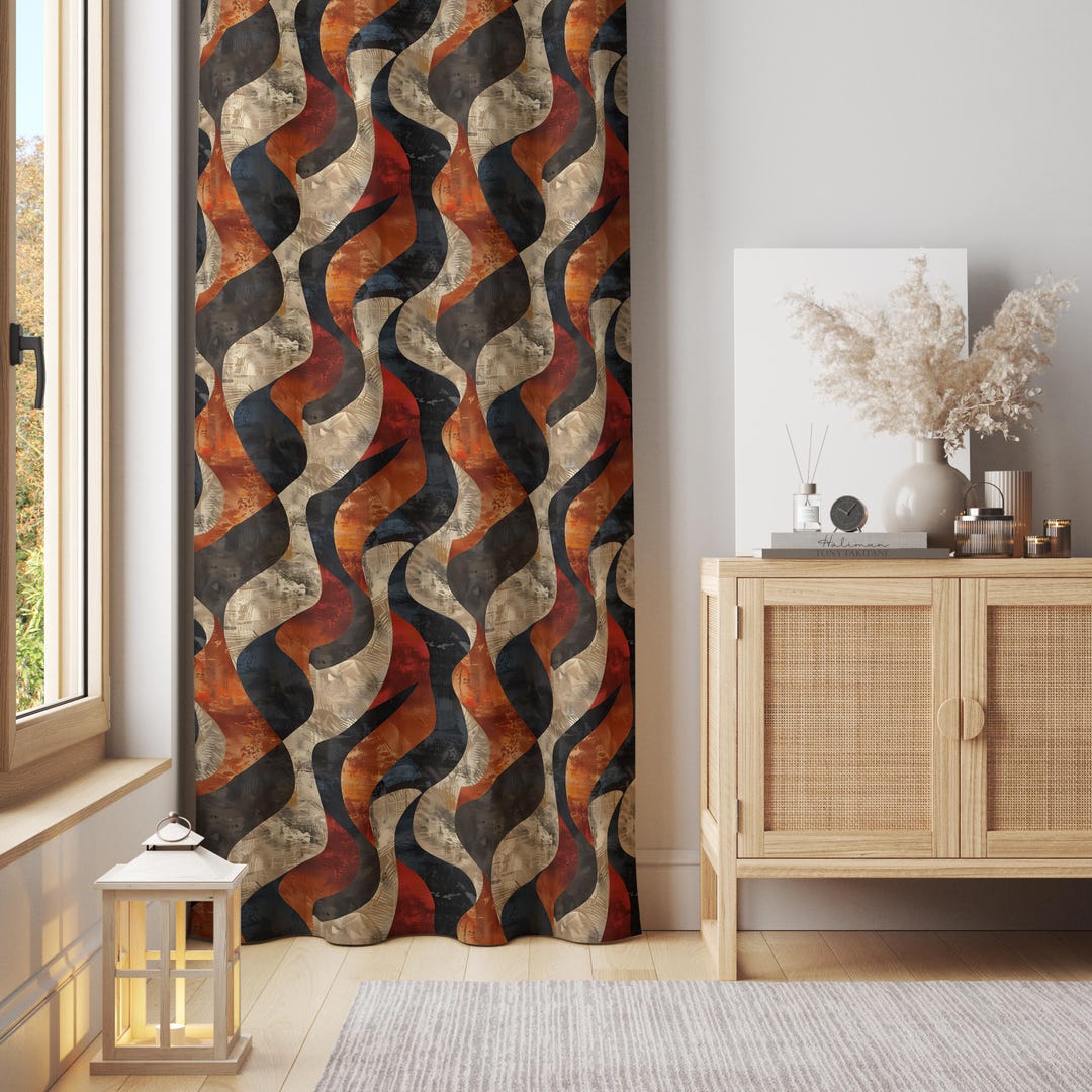 Earthy Wave Curtain Panel – Rust, Beige & Navy, Modern Interiors - Etsy