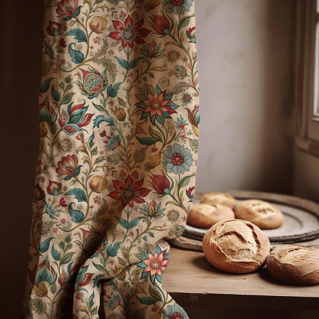 Vintage Floral Linen Curtain: William Morris Inspired Pattern, Classic ...