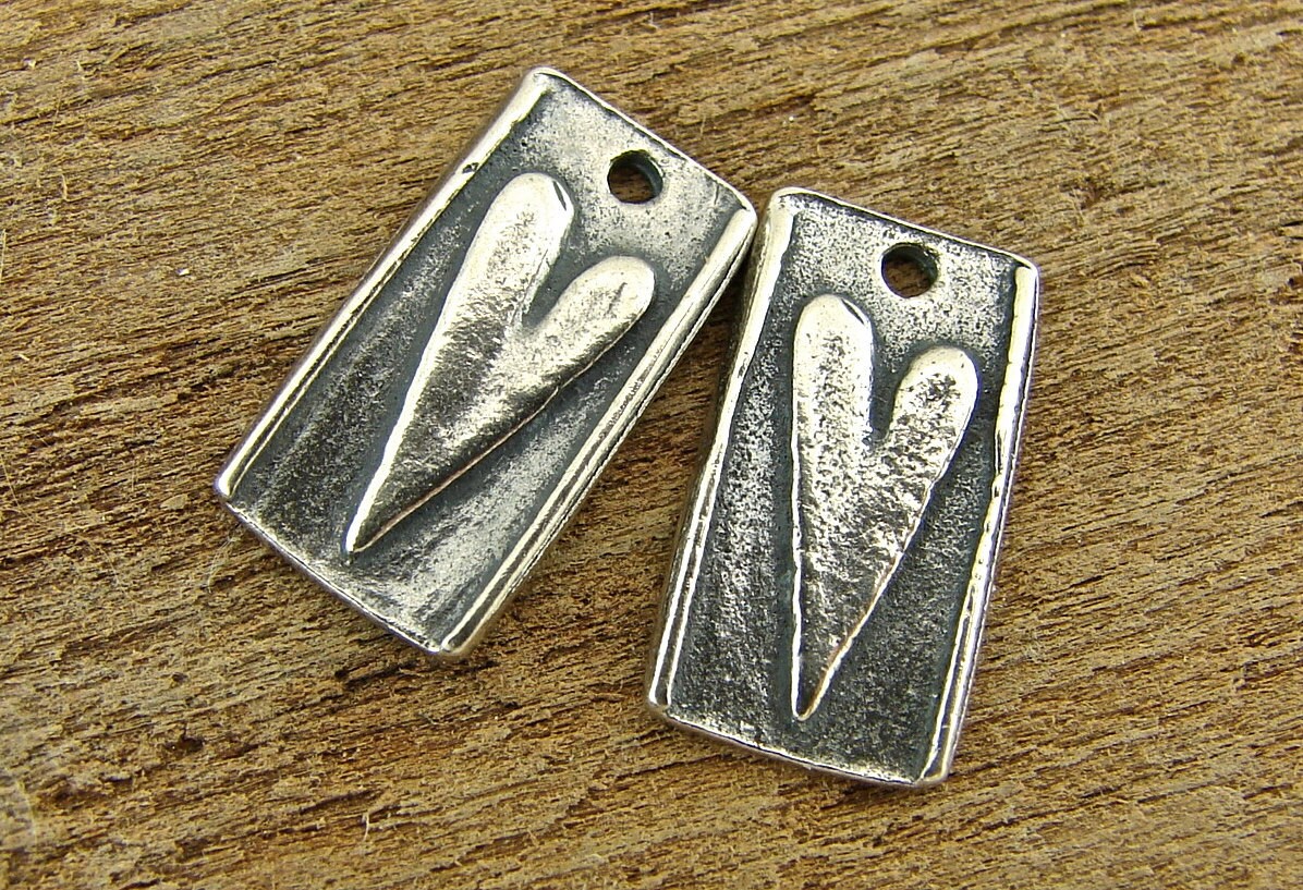 Heart on a Rectangle Rustic Artisan Sterling Silver Charms | Etsy