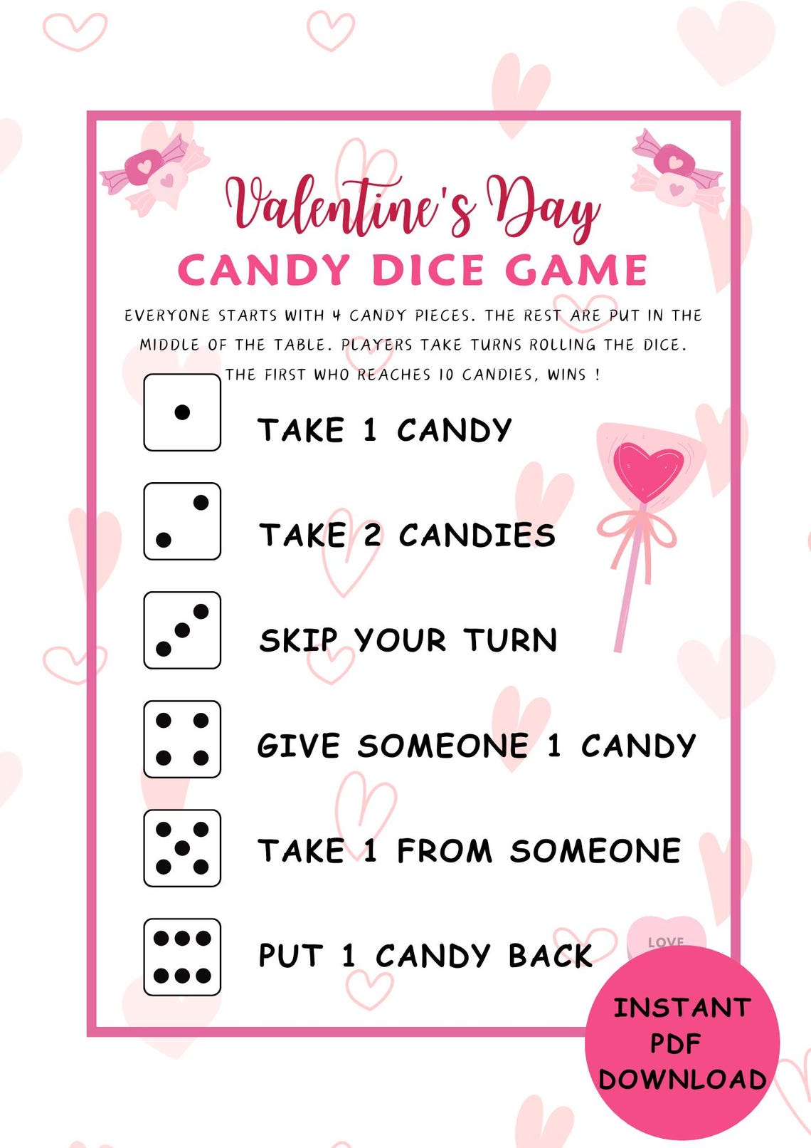 Valentine's Day Candy Dice Game: Printable Party Game (digital Download ...