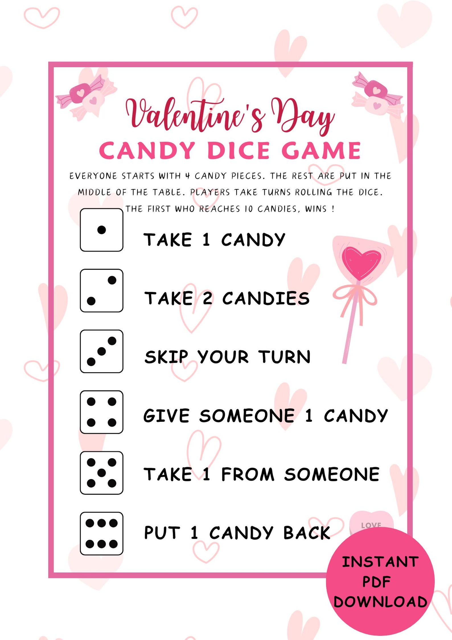 Valentine's Day Candy Dice Game, Printable Valentines Dice Game, Fun ...