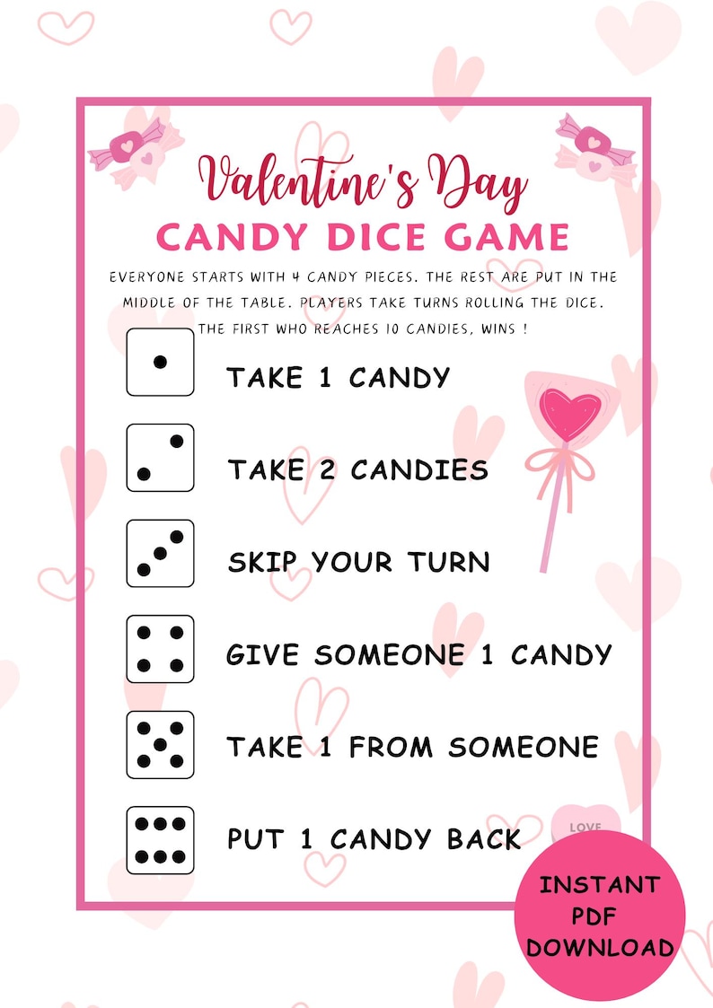 Valentine's Day Candy Dice Game: Printable Party Game (digital Download ...