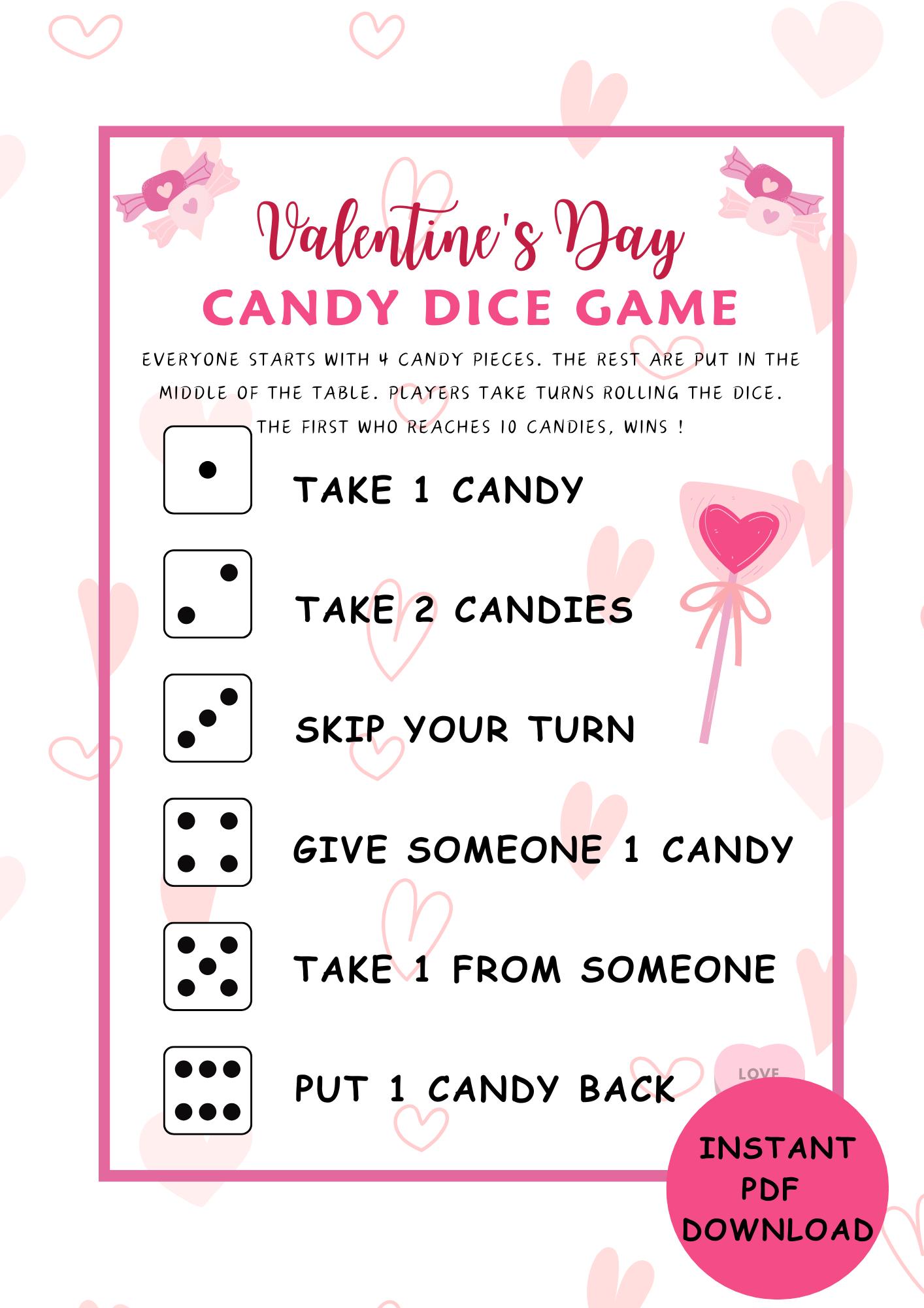 Valentine's Day Candy Dice Game, Printable Valentines Dice Game, Fun ...