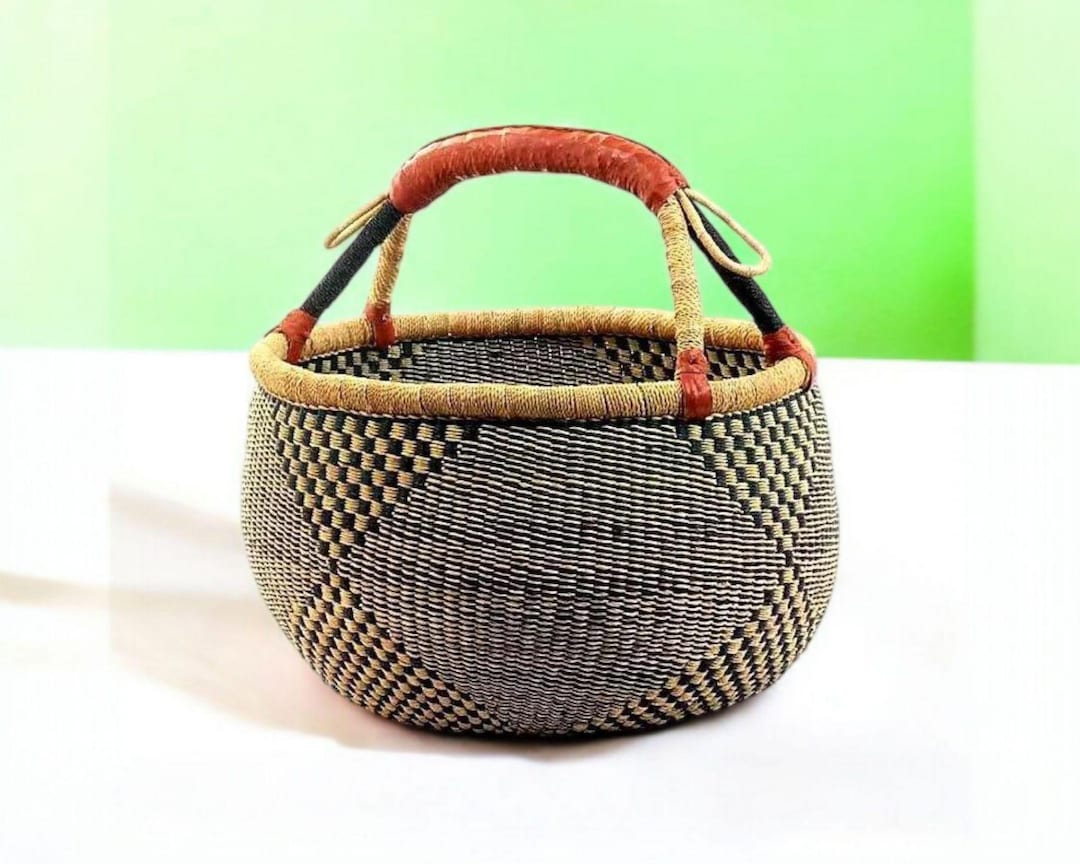 Handwoven Bolga Market Basket: Ghana Elephant Grass, Leather Handle - Etsy