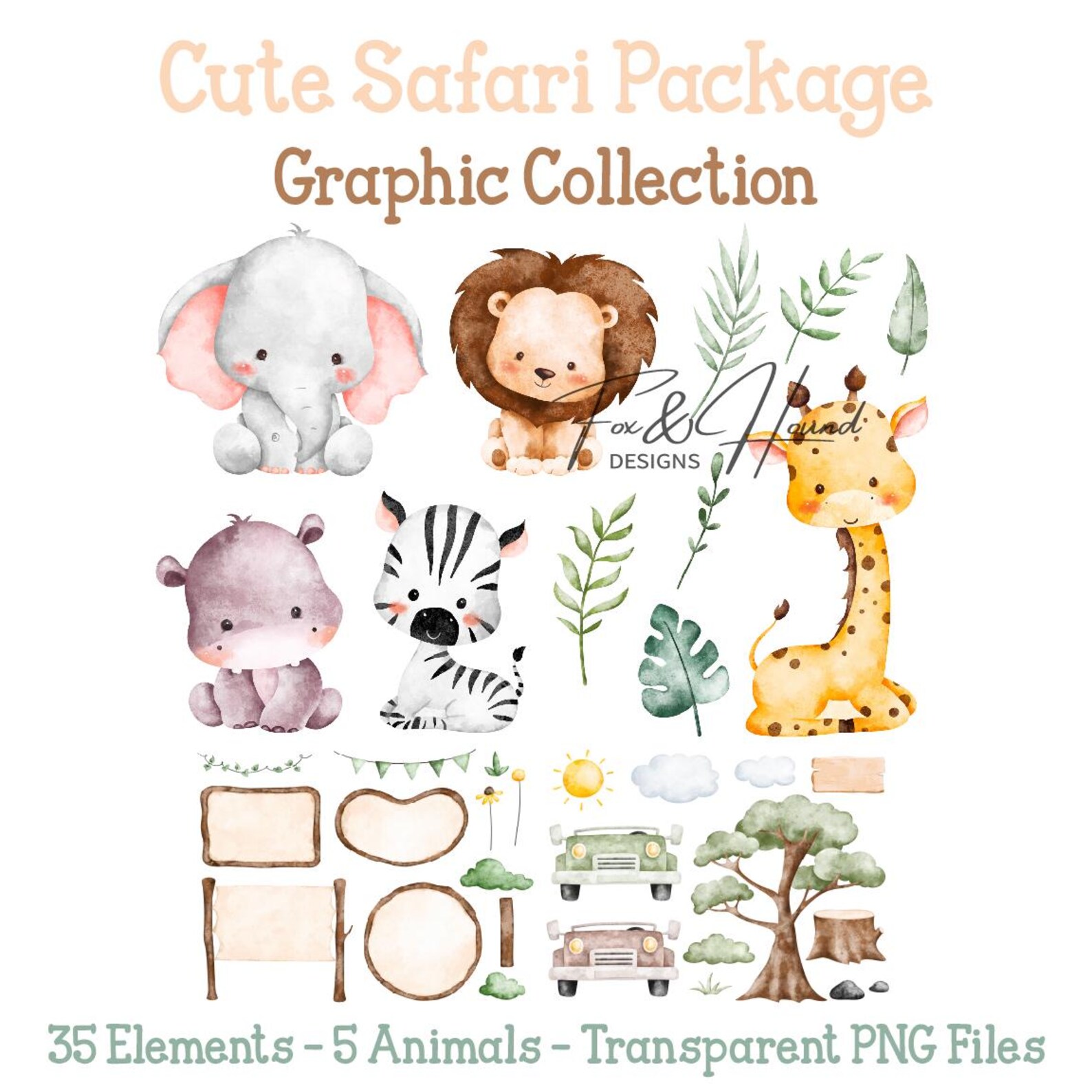 Cute Safari Package, Collection of 35 Elements Transparent Watercolor ...