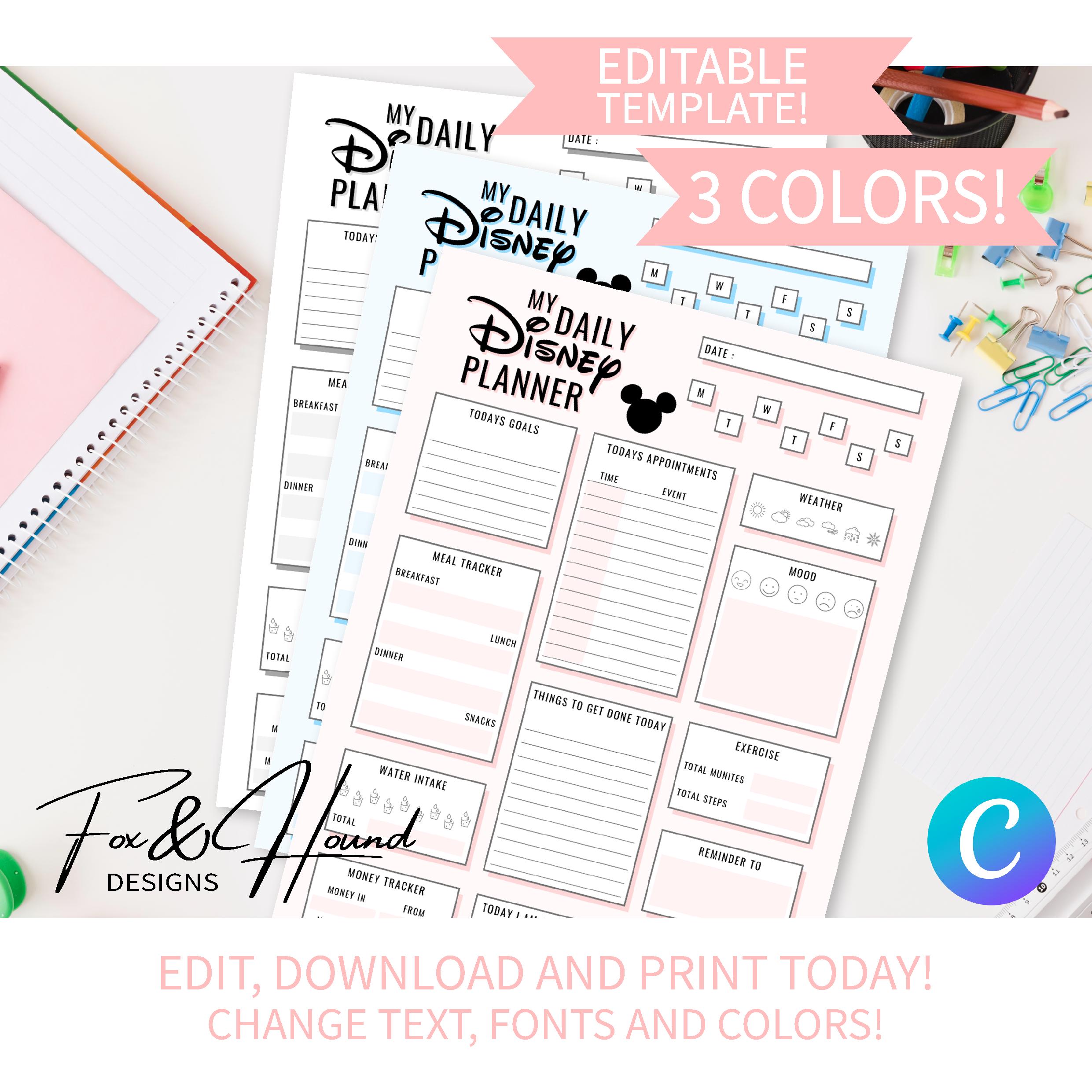 Daily Disney Planner 3-in-1, Multi-color Templates, Fully Editable and ...