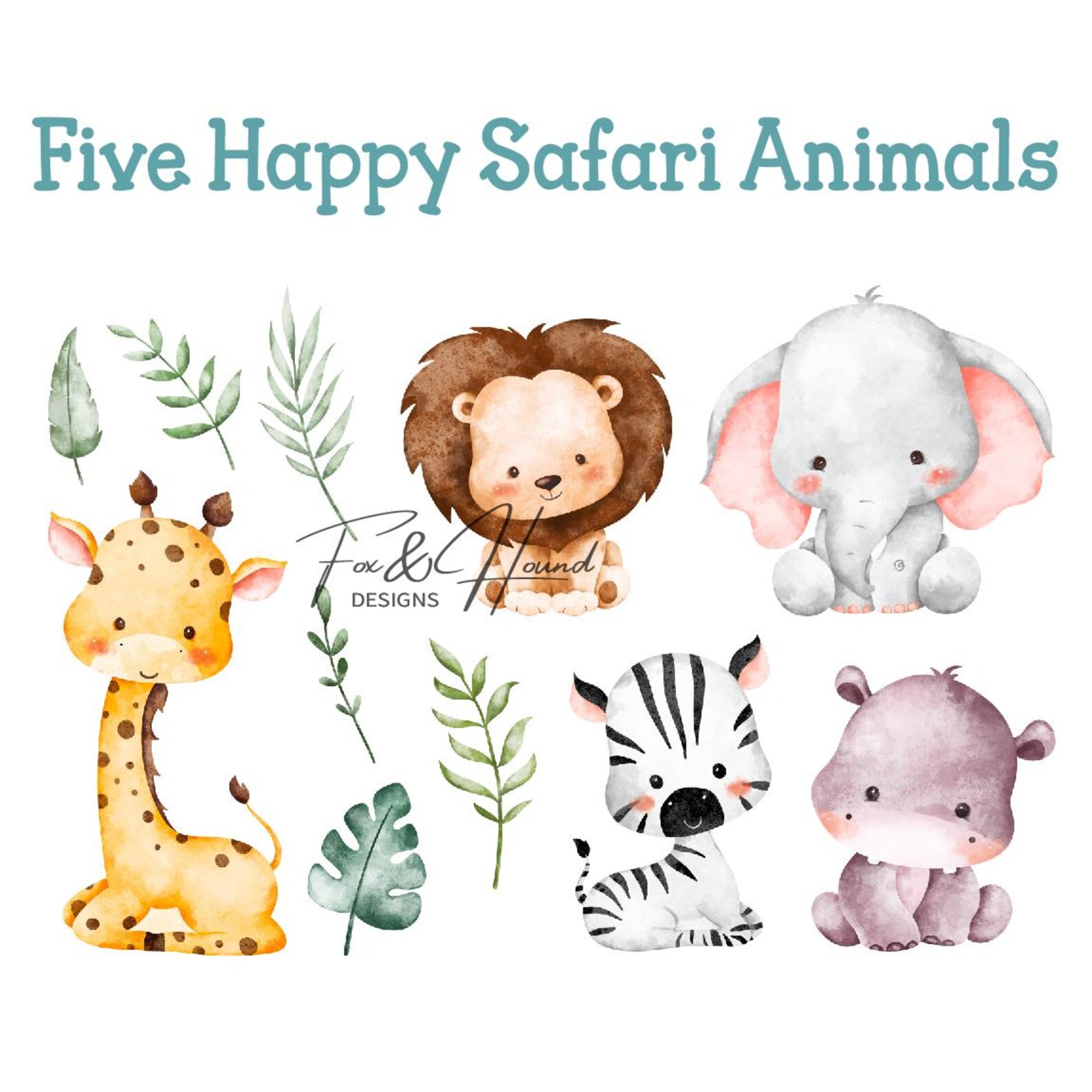 Cute Safari Package, Collection of 35 Elements Transparent Watercolor ...