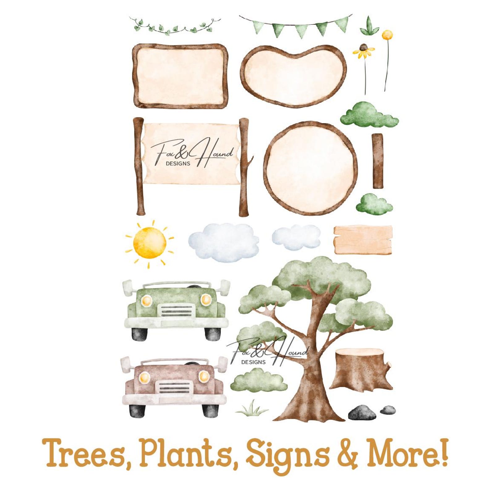 Cute Safari Package, Collection of 35 Elements Transparent Watercolor ...
