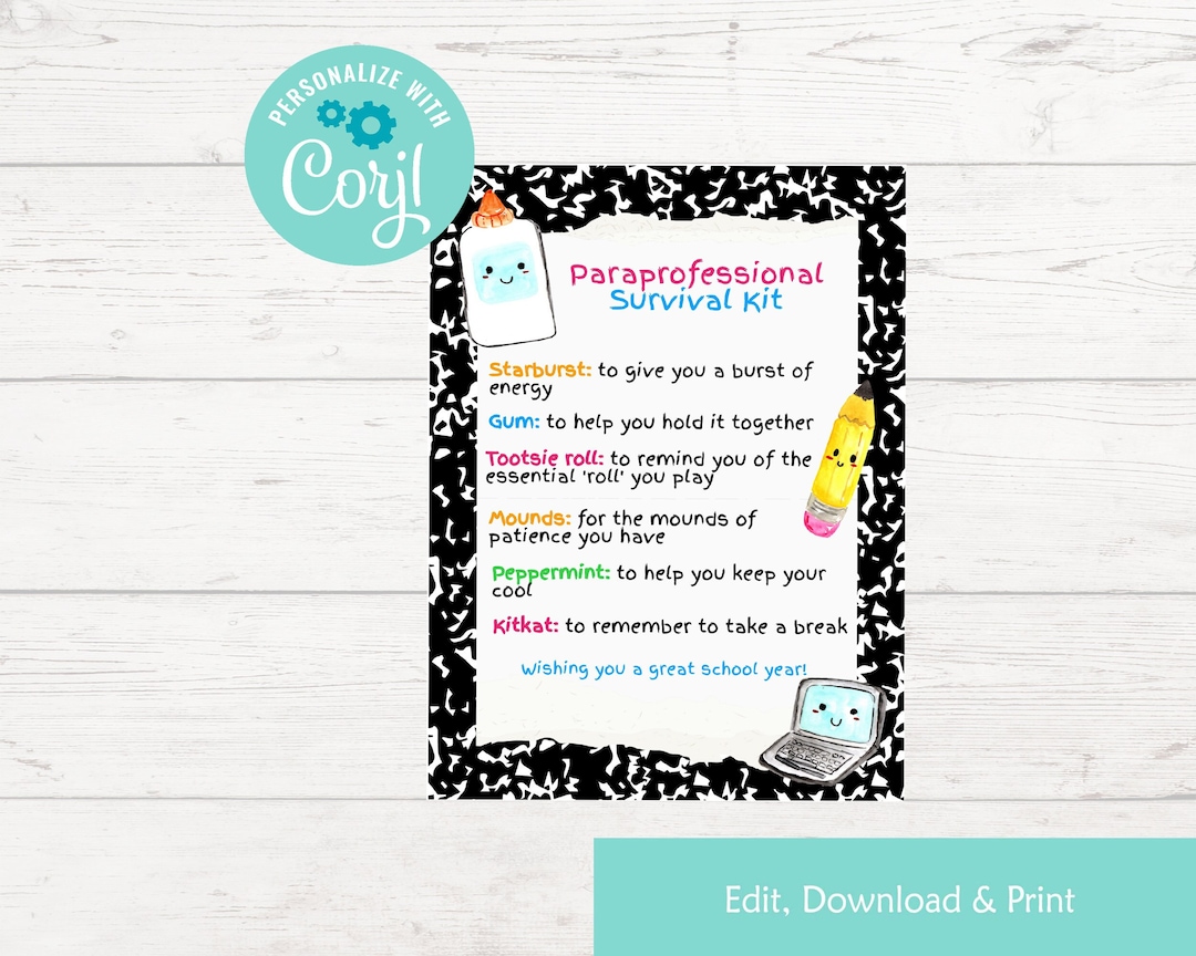 Paraprofessional Survival Kit Printable Survival Kit Tag ...