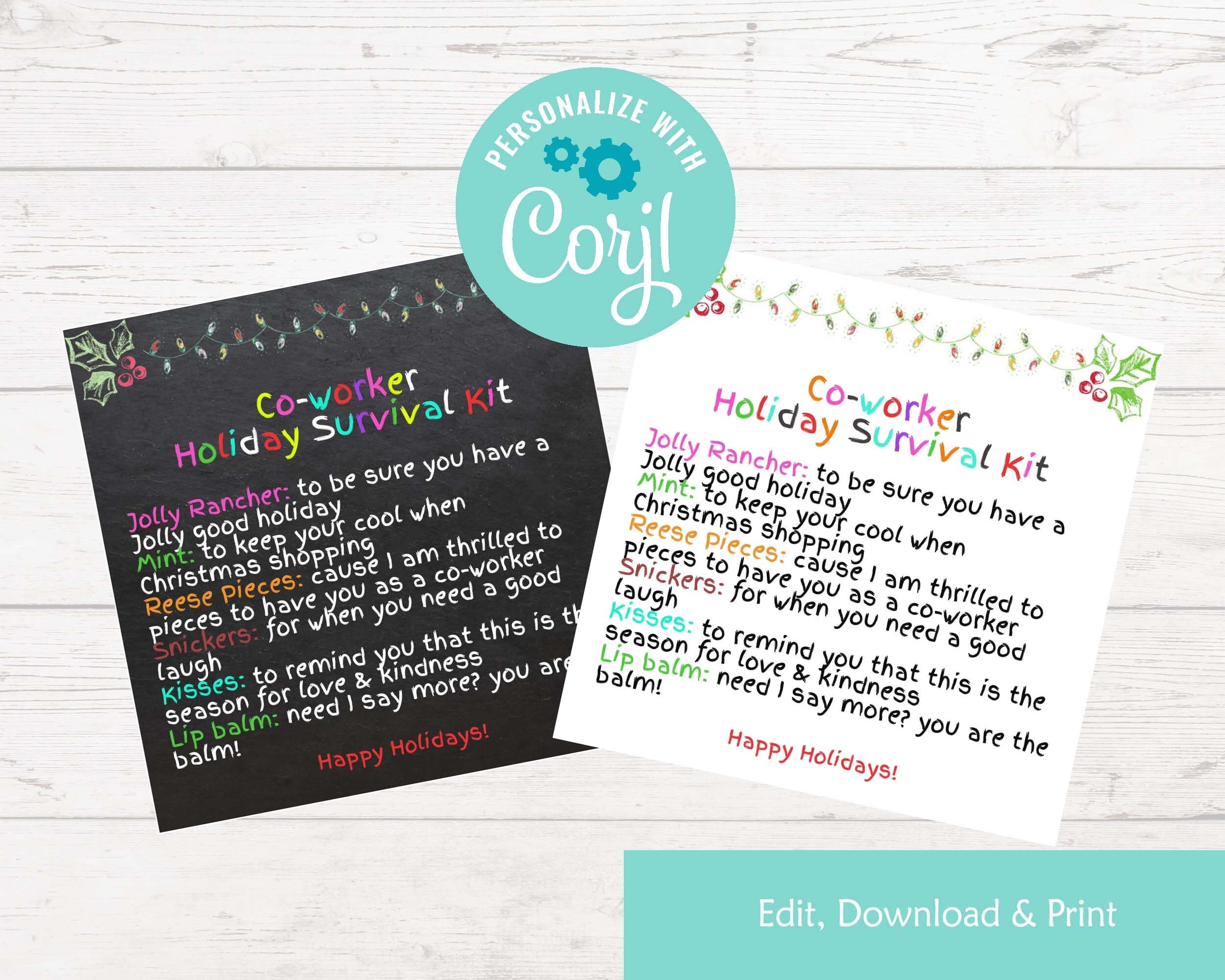 Editable Co-worker Holiday Survival Kit Tag Christmas Gift for ...