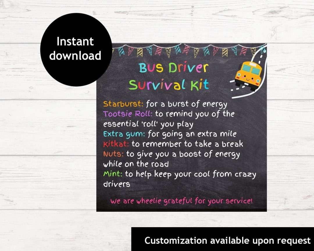 Bus Driver Survival Kit Tag | Bus Driver Appreciation Tag | Printable ...