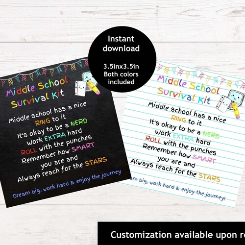 Editable Middle School Survival Kit Tag Printable Digital - Etsy