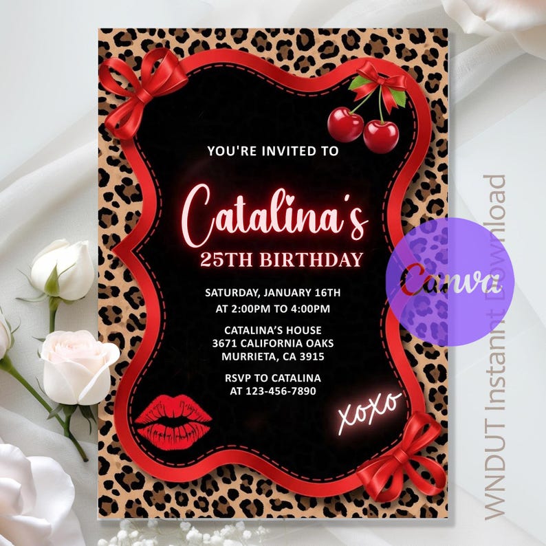 Cheetah Cherries Birthday Invitation,leopard Print Invitation,leopard ...