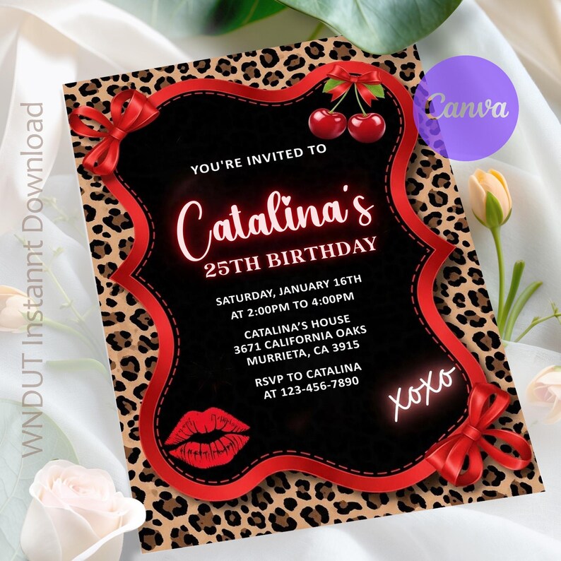 Cheetah Cherries Birthday Invitation,leopard Print Invitation,leopard ...