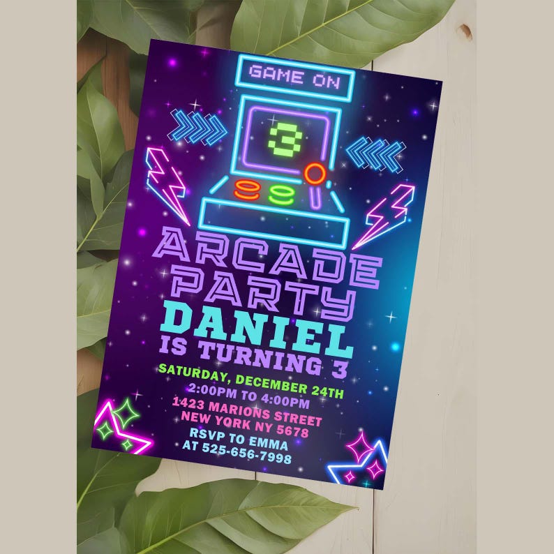 Arcade Birthday Invitation,arcade Birthday Party,neon Glow Invite ...