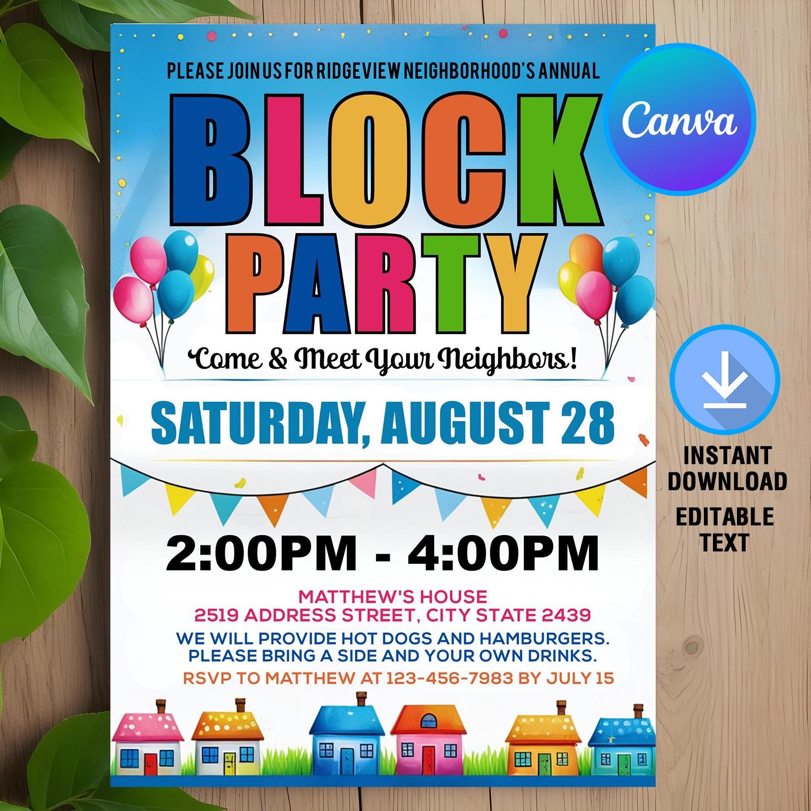 Block Party Invitation,block Party Flyer,neighborhood BBQ Party,summer ...