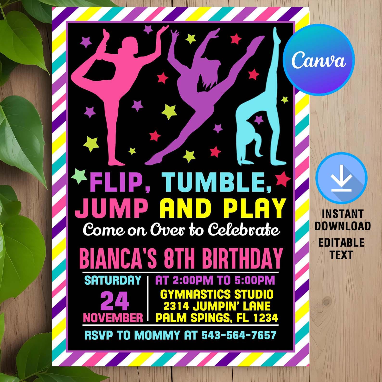 Gymnastics Birthday Invitation,flip Tumble Jump and Play Invite ...