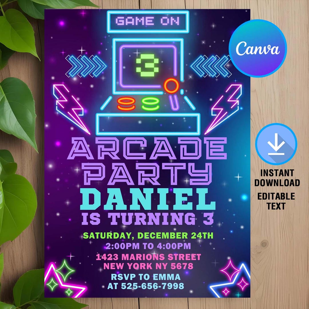 Arcade Birthday Invitation,arcade Birthday Party,neon Glow Invite ...