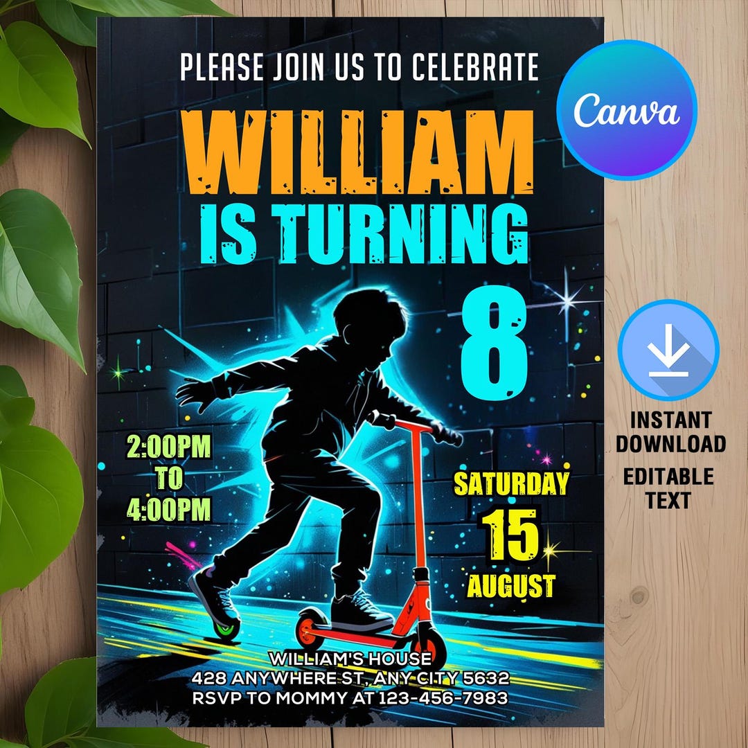Scooter Birthday Invitation,skate Invitation,skate Park Boys Invite ...