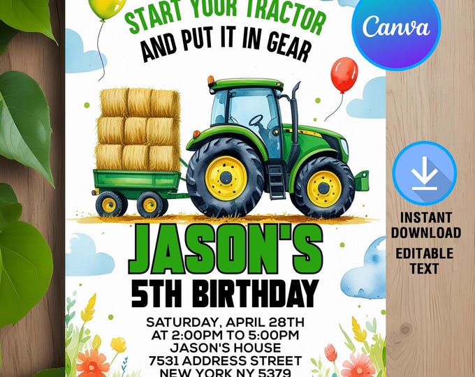 Editable Tractor Invitation Green Tractor Birthday Invitation Green ...