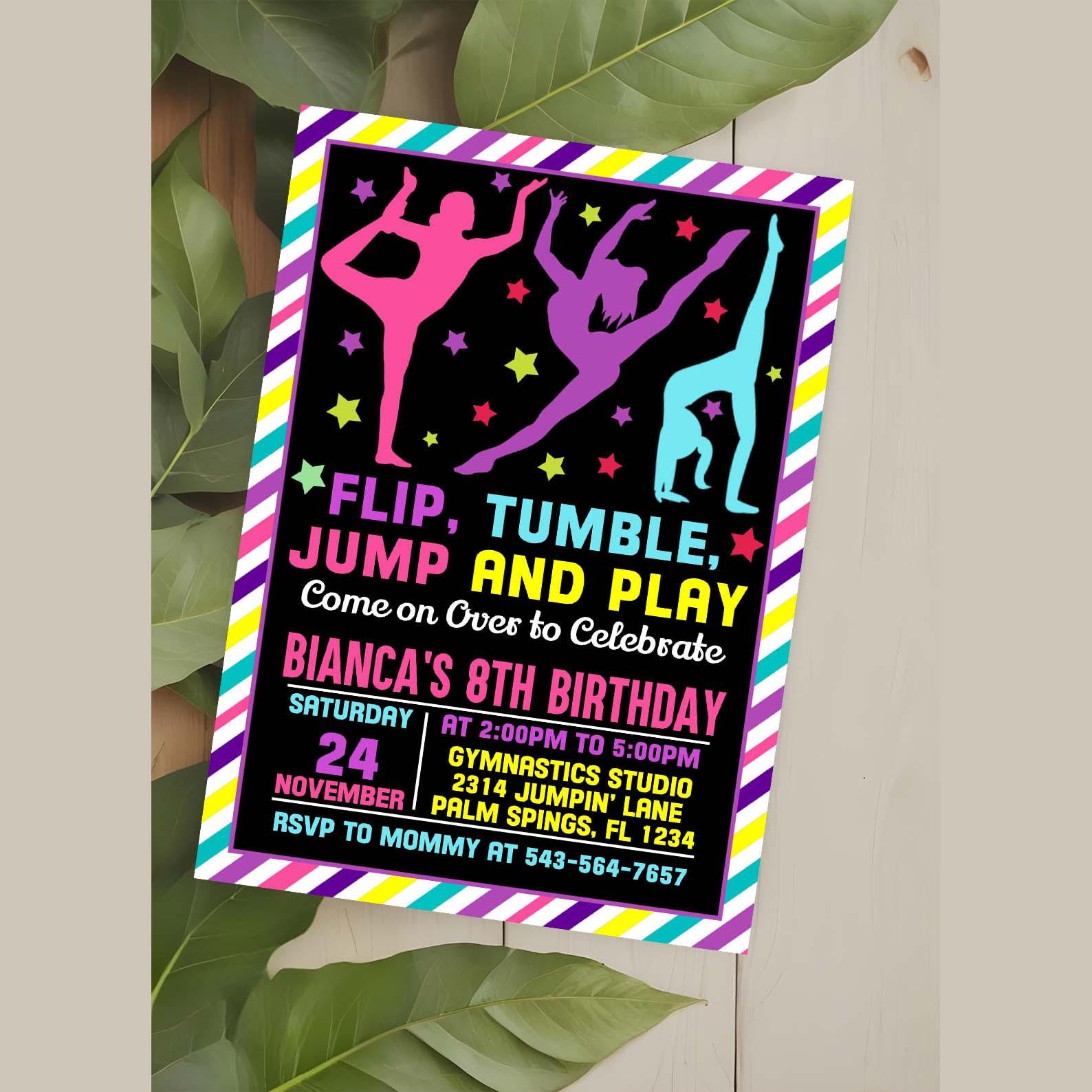 Gymnastics Birthday Invitation,flip Tumble Jump and Play Invite ...