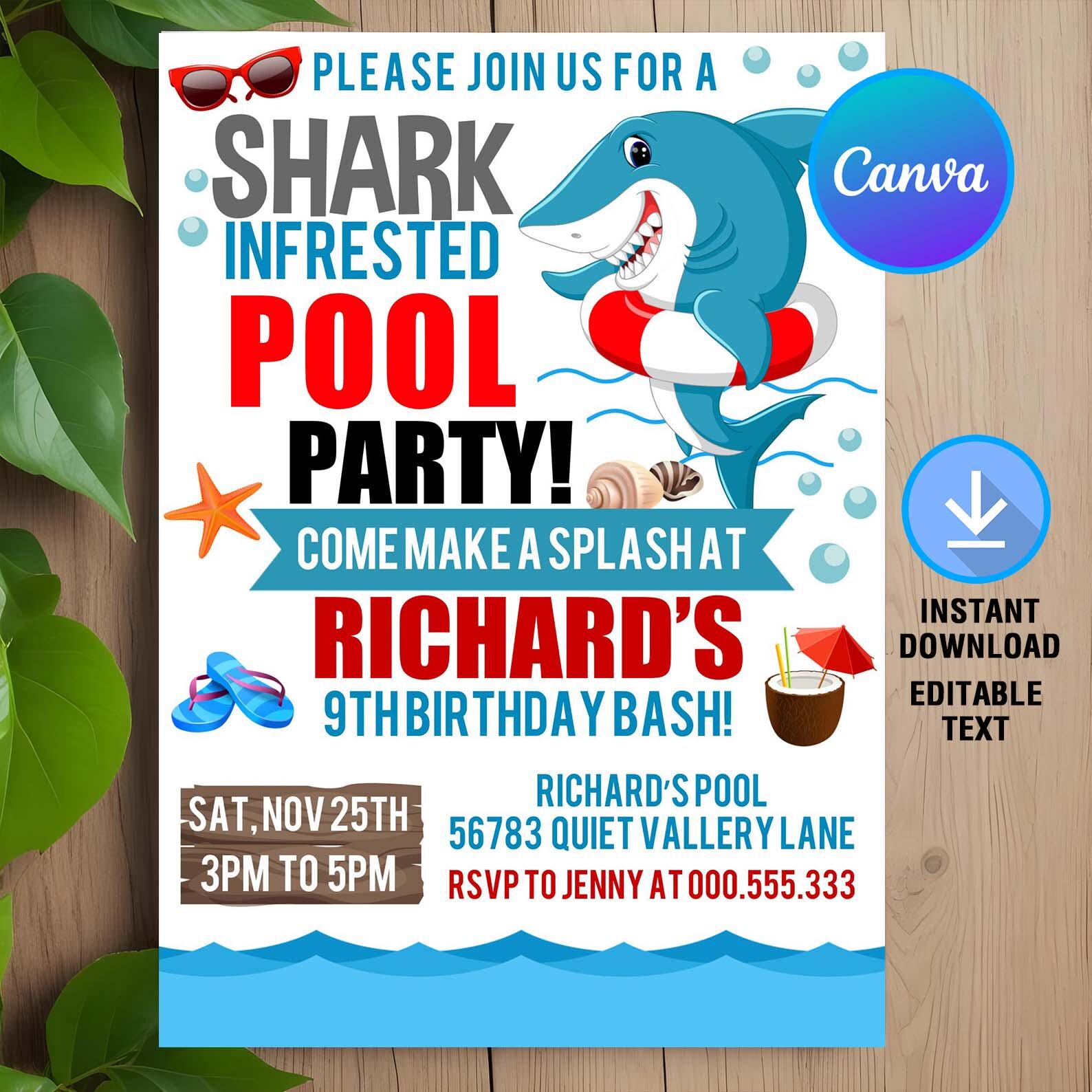 Shark Pool Party Birthday Invitation,shark Pool Party Invitation,shark ...