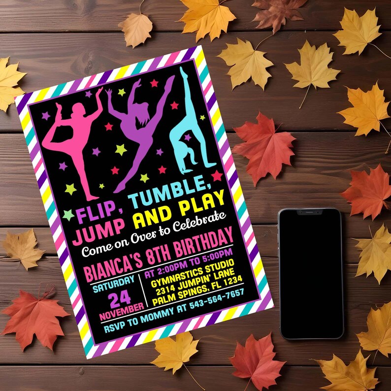 Gymnastics Birthday Invitation,flip Tumble Jump and Play Invite ...